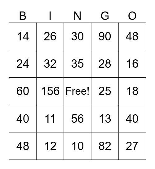 Order of Operations Bingo Card