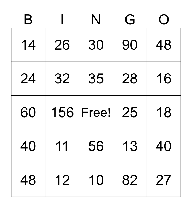 Order of Operations Bingo Card