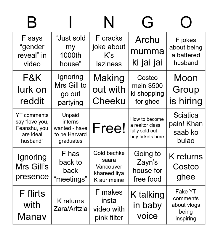 F & K bingo Card
