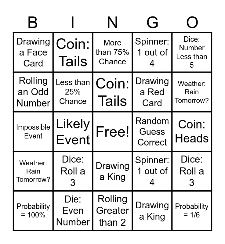 Probability Bingo Card