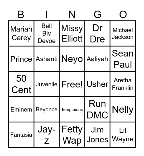 hip hop and r&b Bingo Card