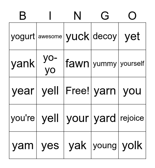 Y as a consonant card Bingo Card