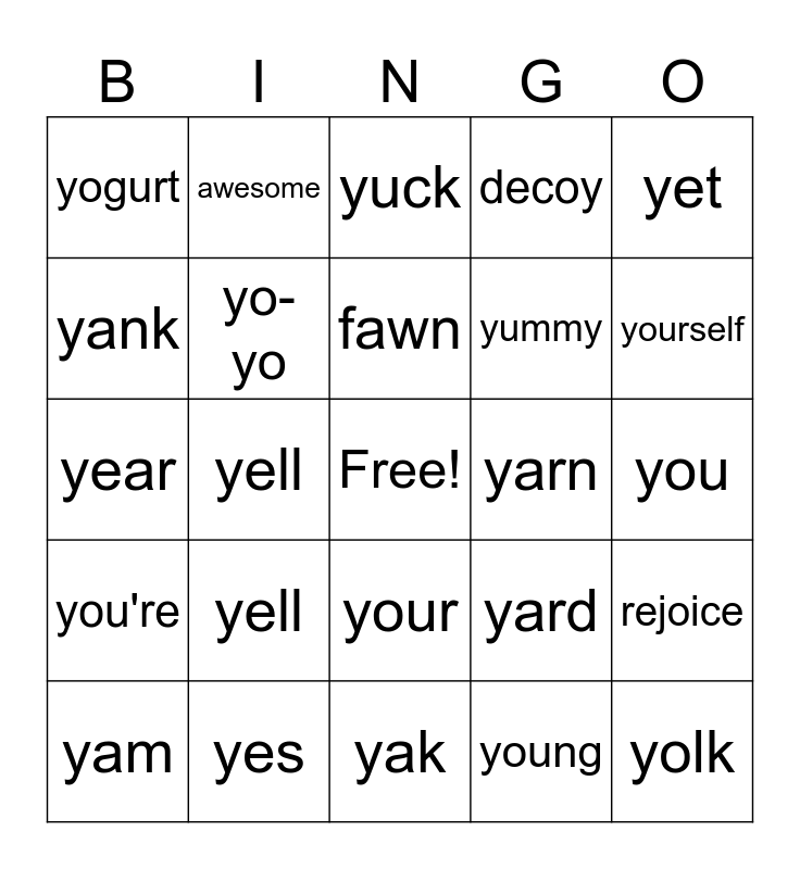 Y as a consonant card Bingo Card