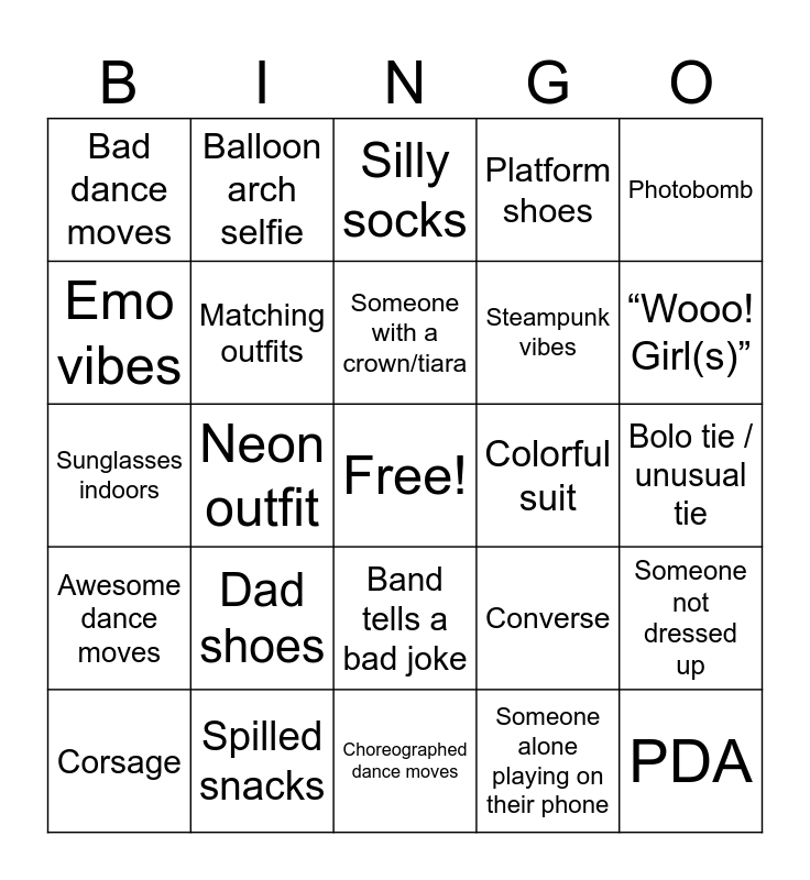 2nd Chance Prom Bingo Card
