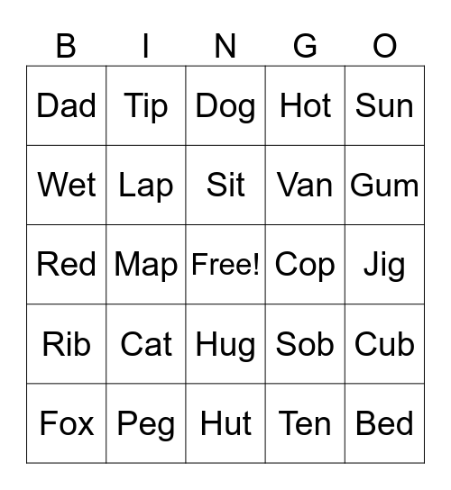 Short Vowel Words Bingo Card