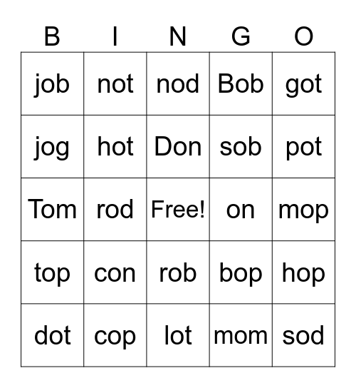 Short O Words Bingo Card