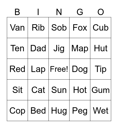 Short Vowel Words Bingo Card