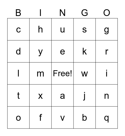 Lowercase letters Bingo Card