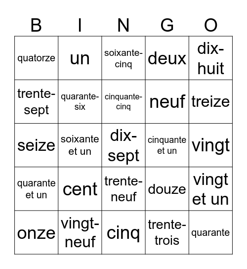 Les nombres de 0 à 70 Bingo Card