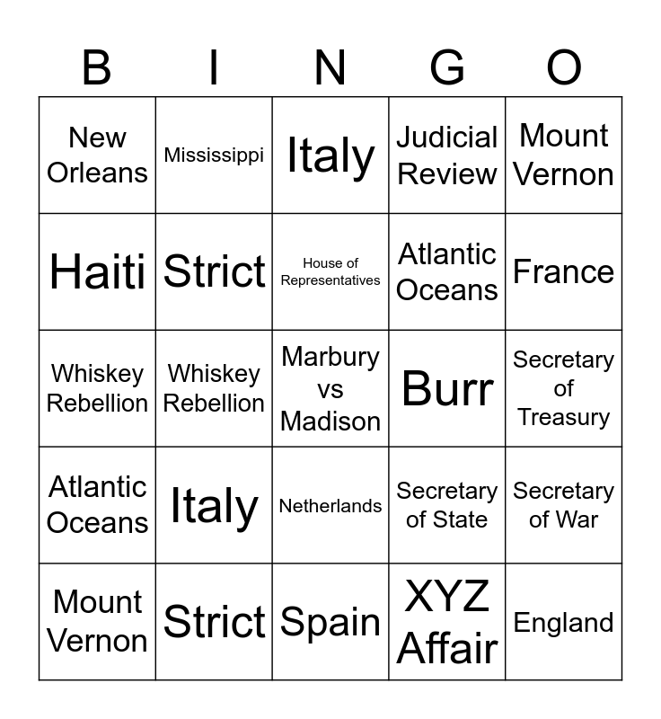 Washington to Jefferson Bingo Card