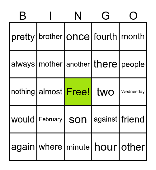 Heart Word Bingo Card
