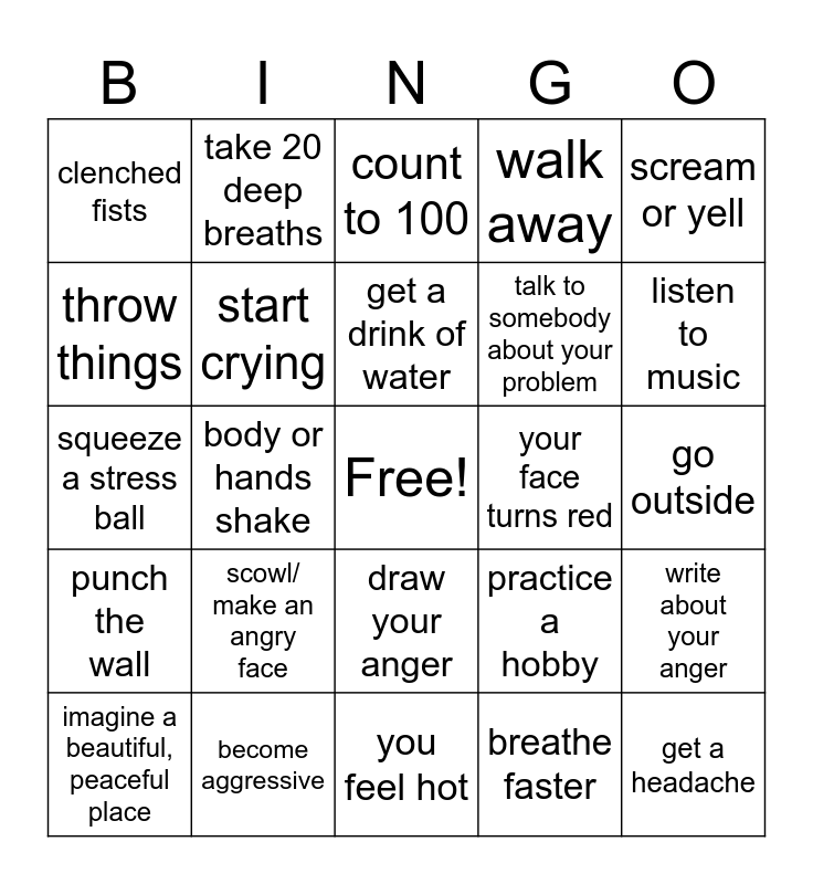 Anger Signs and Solutions Bingo Card