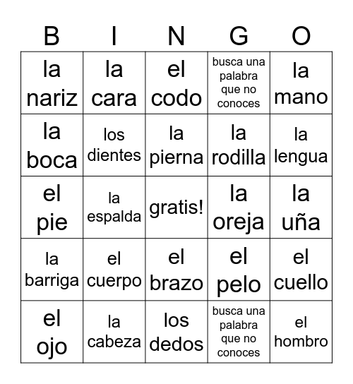 Las partes del cuerpo Bingo Card