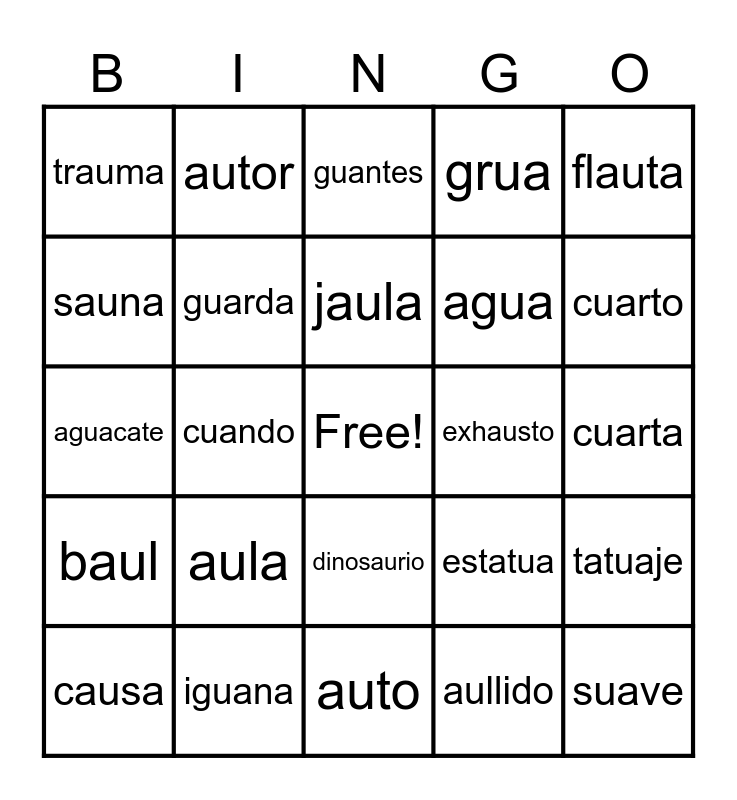 Diptongos con au, ua Bingo Card