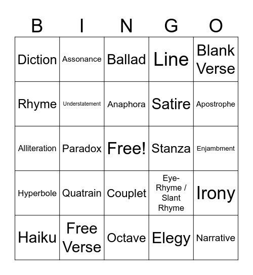 Poetry Terms Bingo Card