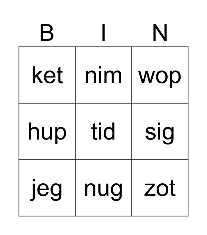 Nonsense Word Bingo Card