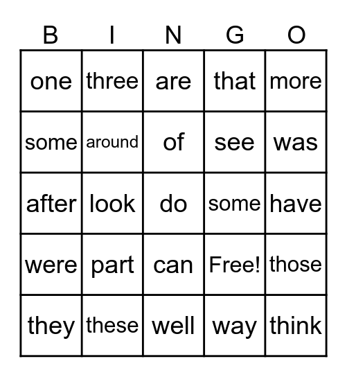 Sight Word Bingo Card