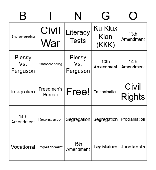 Reconstruction Bingo Card