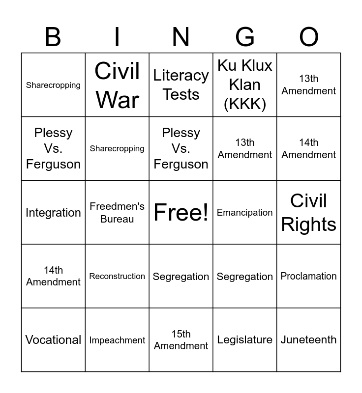 Reconstruction Bingo Card