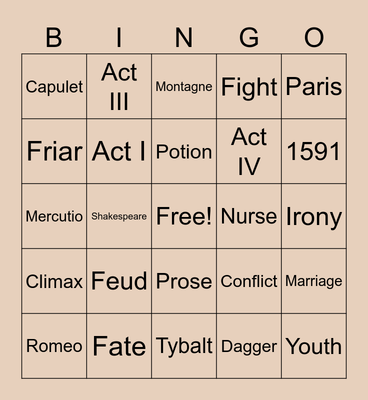 Romeo & Juliet Bingo Card