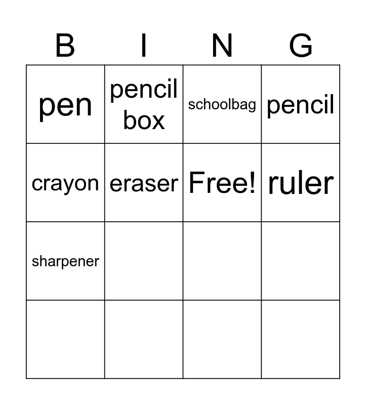 school supplies Bingo Card