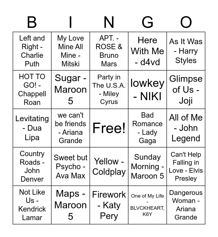 SINGO Bingo Card
