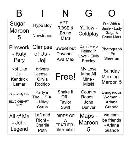 SINGO Bingo Card