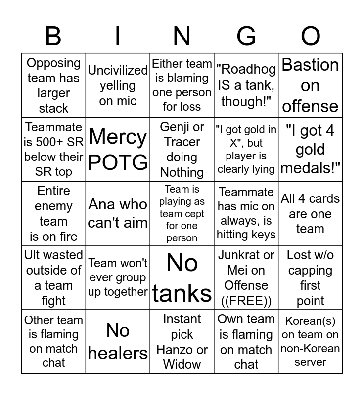 Overwatch Solo Queue Bingo Card