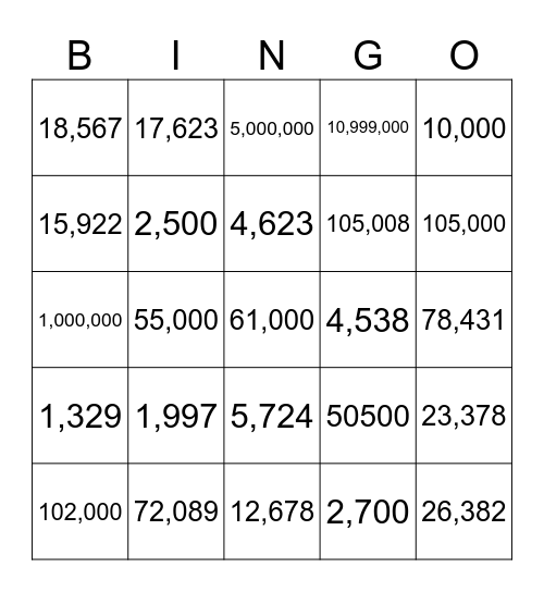 Large Numbers Bingo Card