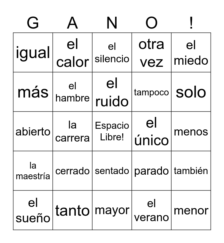 Spanish 1 - Vocab 6A Bingo Card
