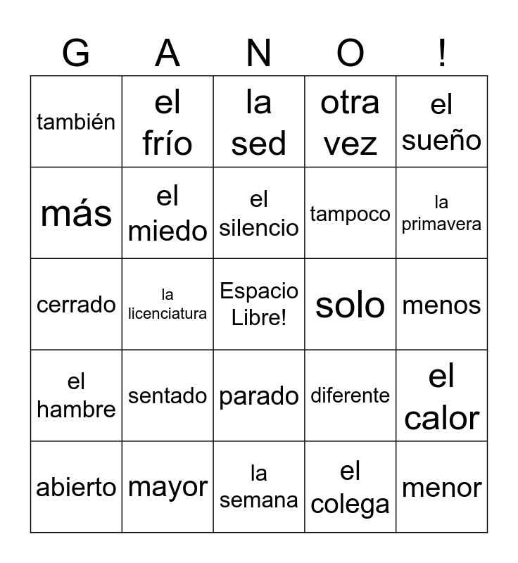 Spanish 1 - Vocab 6A Bingo Card