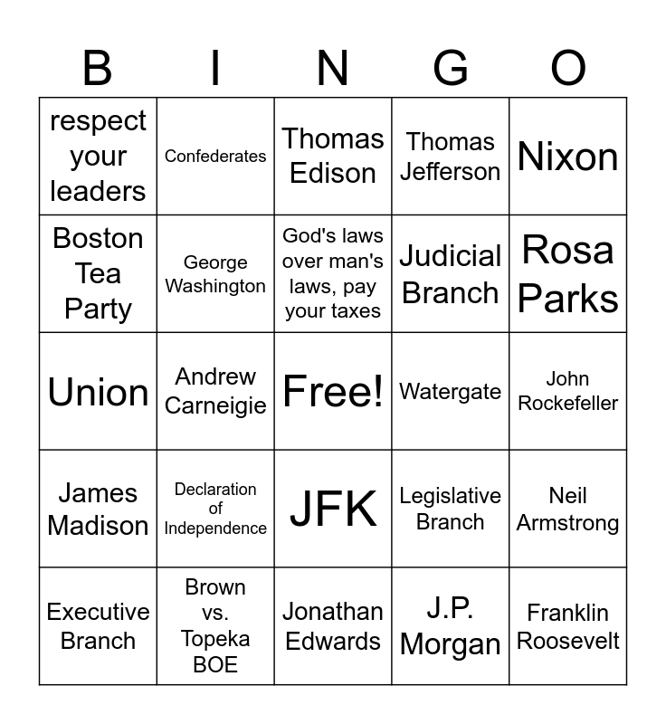 American History Bingo Card