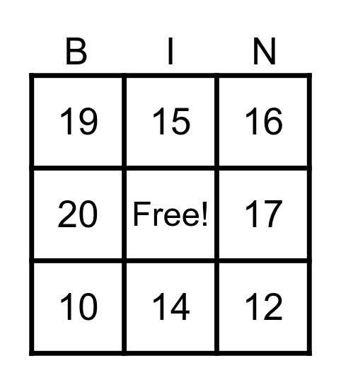 Ten and More Bingo Card
