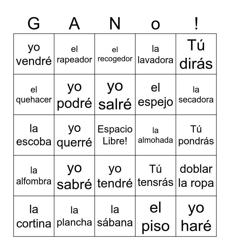 Spanish 2 Vocab 6A Bingo Card