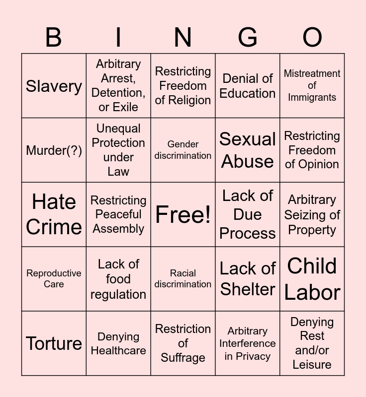 Human Rights Violations Bingo Card