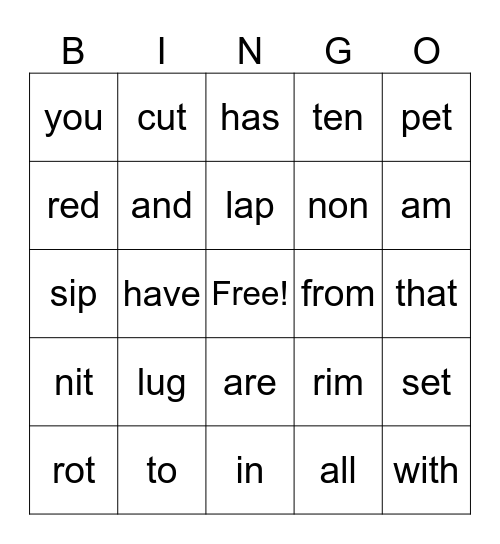Kindergarten Bingo Card