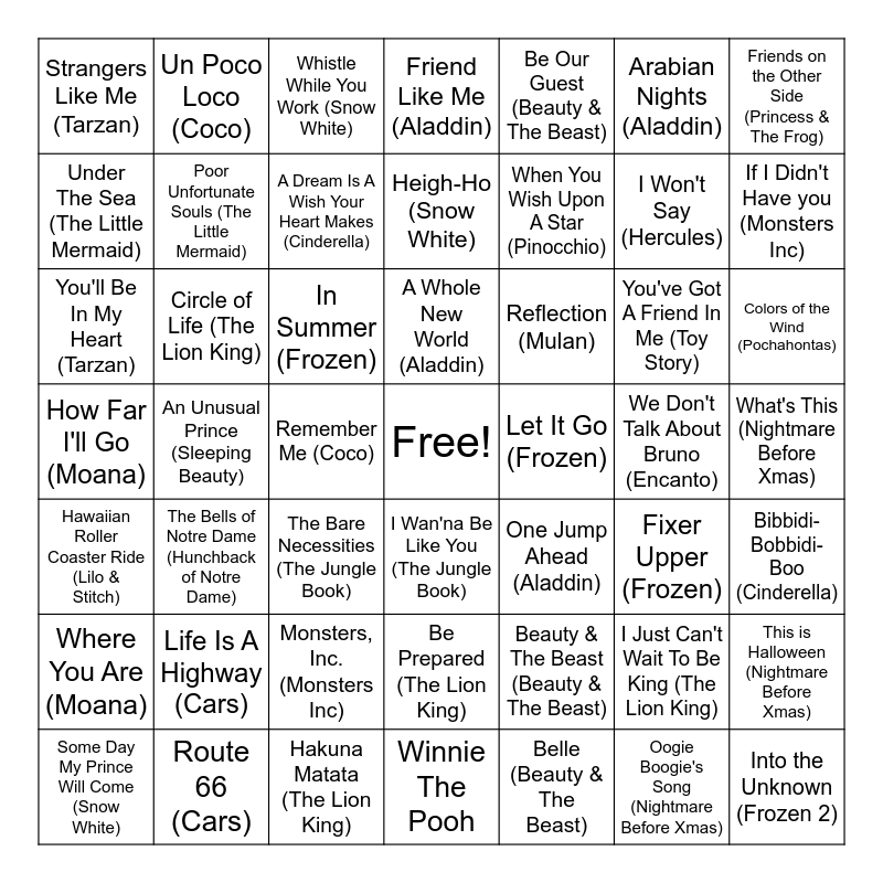 DISNEY MUSIC BINGO Card