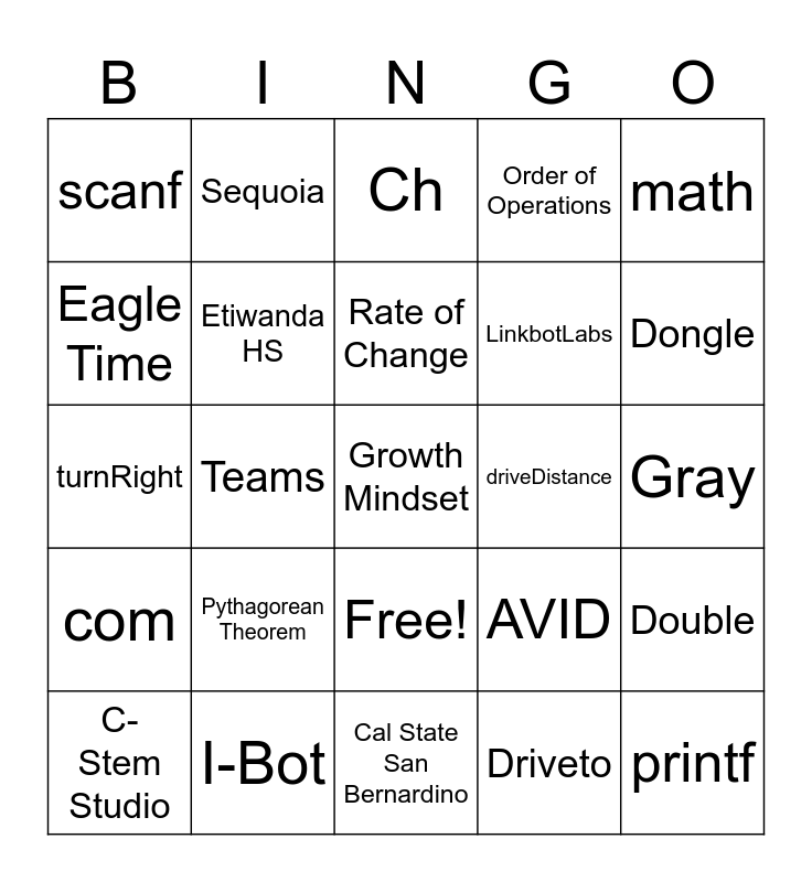 Integrated Coding and Computing Bingo Card