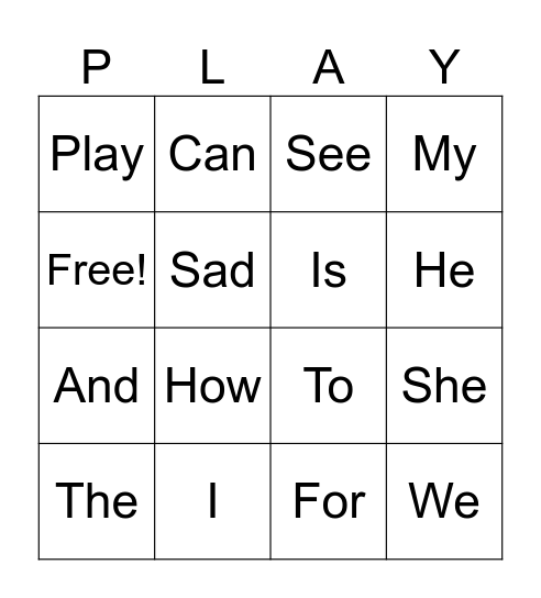 Sight Word Bingo Card