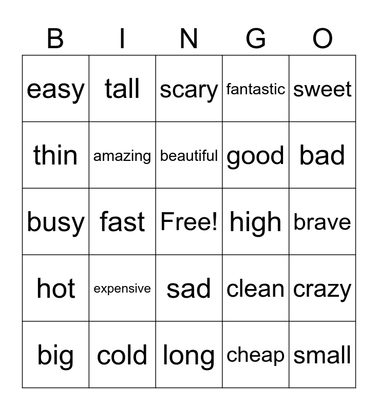 Comparative and Superlative Adjectives Bingo Card