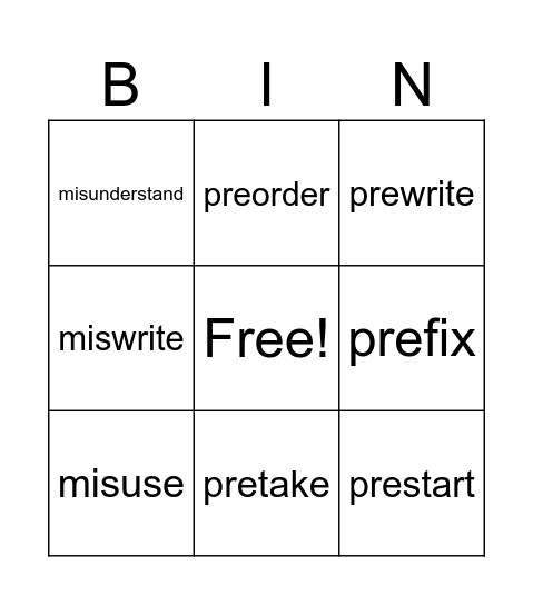 Prefix Bingo Card