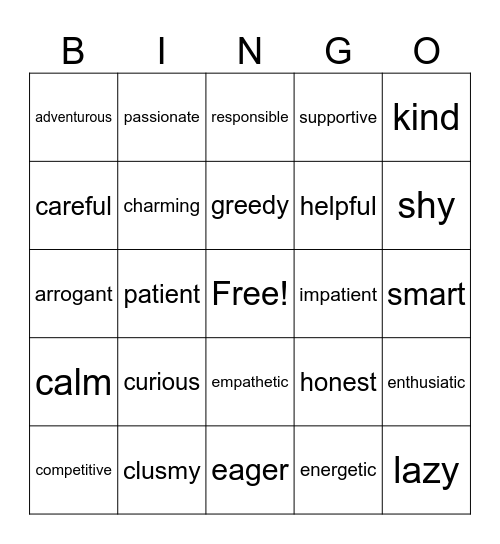 Character Trait Bingo Card