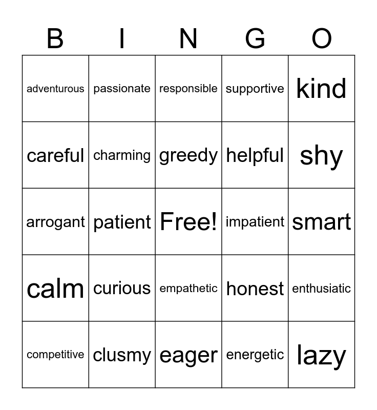 Character Trait Bingo Card