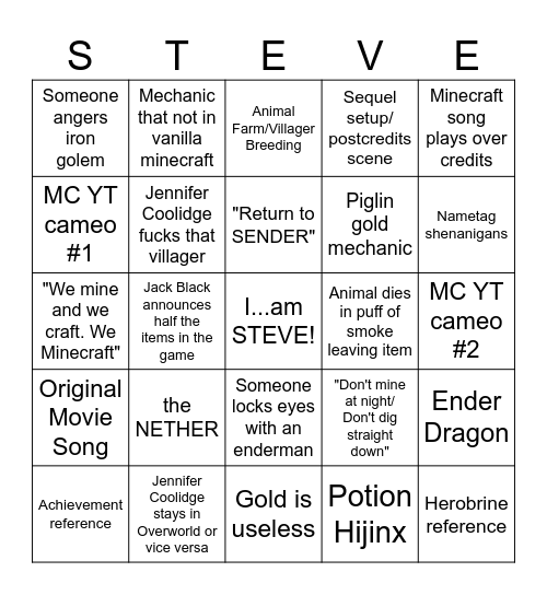 Minecraft Movie BINGO Card