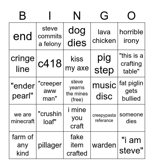 Minecraft movie bingo Card
