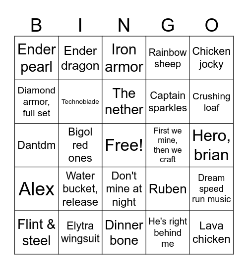 Minecraft Movie Bingo Card