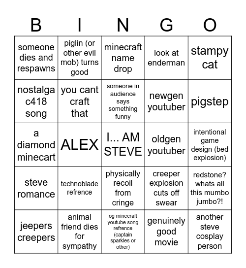 MINECRAFT MOVIE Bingo Card MINECRAFT MOVIE Bingo Card