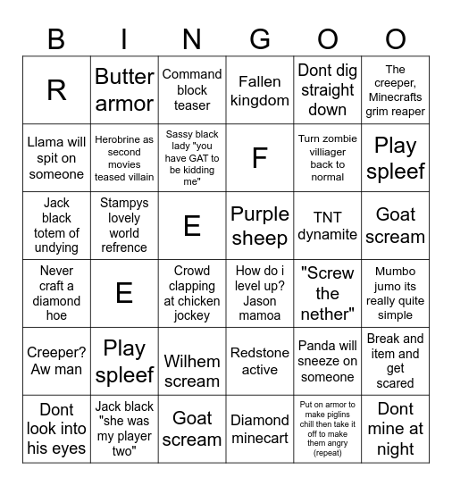 Minecraft Movie Bingo Card