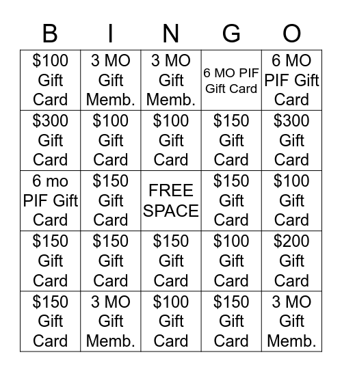 Gift Card Bingo Card