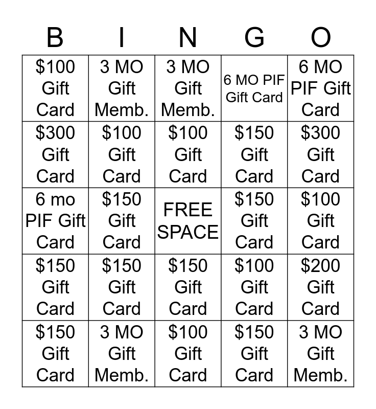 Gift Card Bingo Card